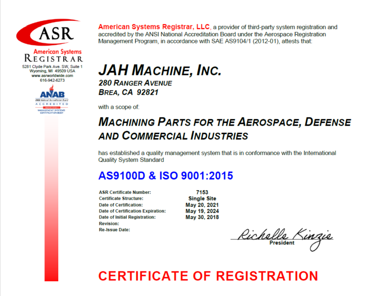 ISO 9001 AS9100 Certified Machine Shop | JAH Machine | Los Angeles