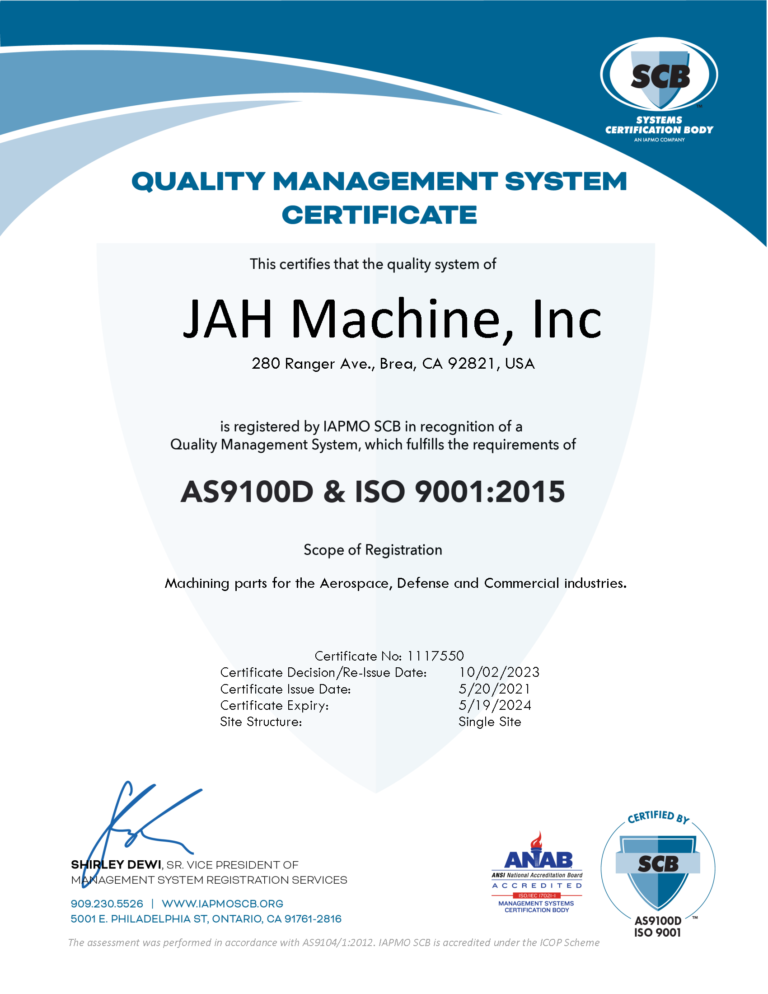 ISO 9001 AS9100 Certified Machine Shop | JAH Machine | Los Angeles